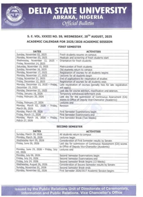 DELSU Released Academic Calendar for 2025/2026 - Student Village